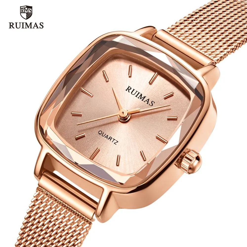 RUIMAS 여성 스퀘어 시계, 메쉬 팔찌, 쿼츠 손목 시계, 여성 톱 브랜드 럭셔리 시계, 숙녀 방수, Relogio ...