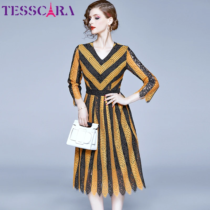 TESSCARA-Women-Spring-Autumn-Elegant-Stripe-Lace-Dress-Female-Office ...