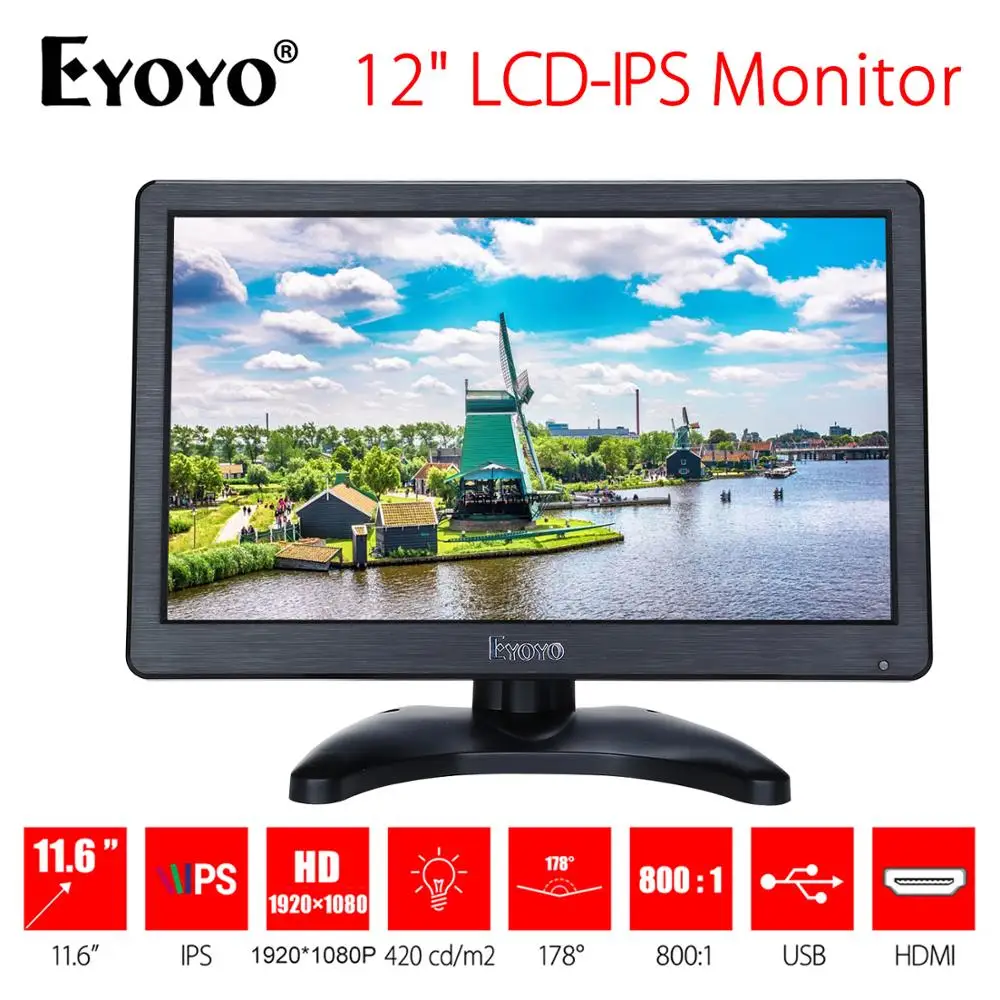Eyoyo EM12D 12 "FHD 1920x1080 IPS BNC LCD 보안 모니터 화면 AV 디스플레이, PC 컴퓨터 ...