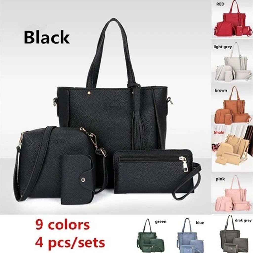 4pcs-Set-PU-Leather-Handbag-Fringe-Shoulder-Bags-Purse-Set-Tote-Bag ...