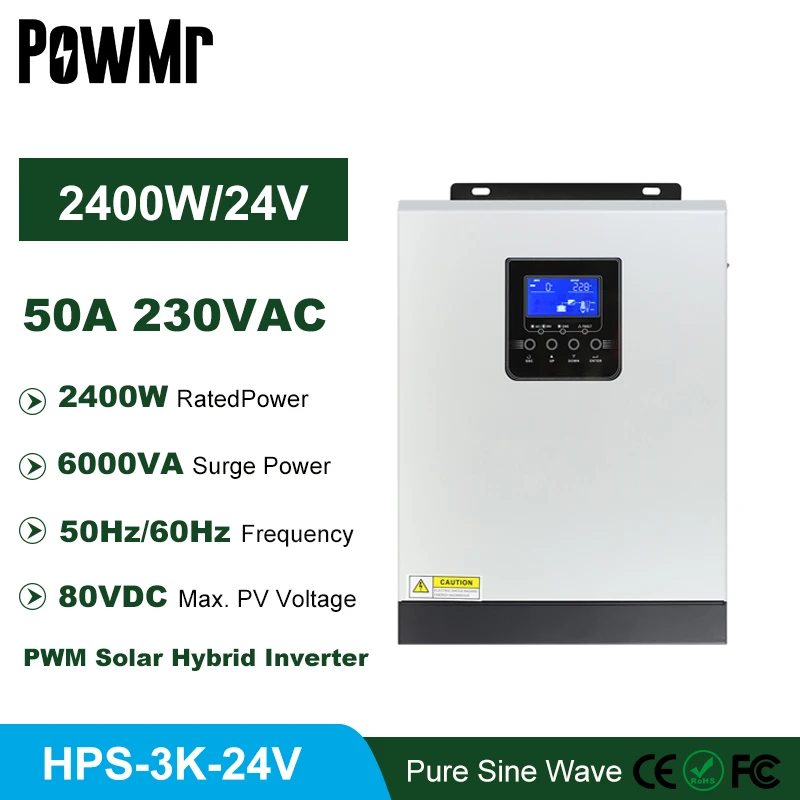 Powmr Pwm 50a Pure Sine Wave 2400w 24v Solar Charger Controller 50hz/60hz 220v Off Grid Hybrid ...