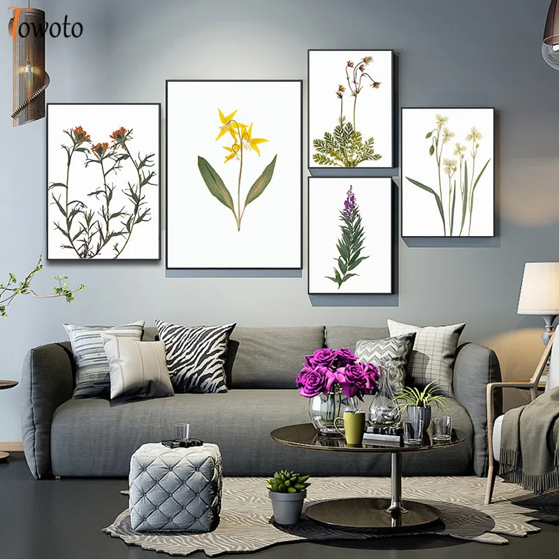 Impressão botânica wildflower poster erva planta pintura da lona pastel cor minimalista parede ...