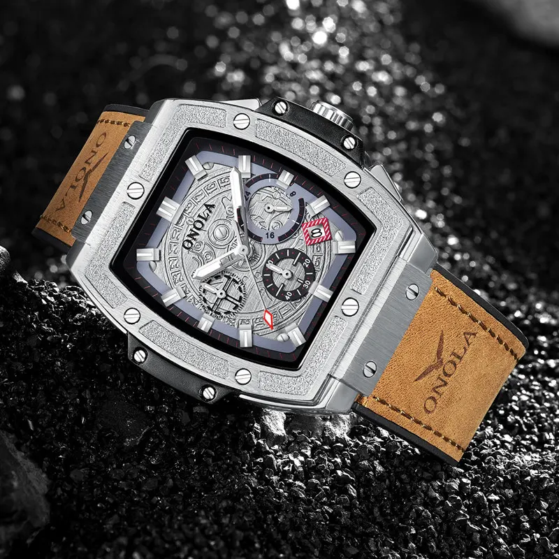 ONOLA tonneau square big quartz watch man lumious chronograph ...