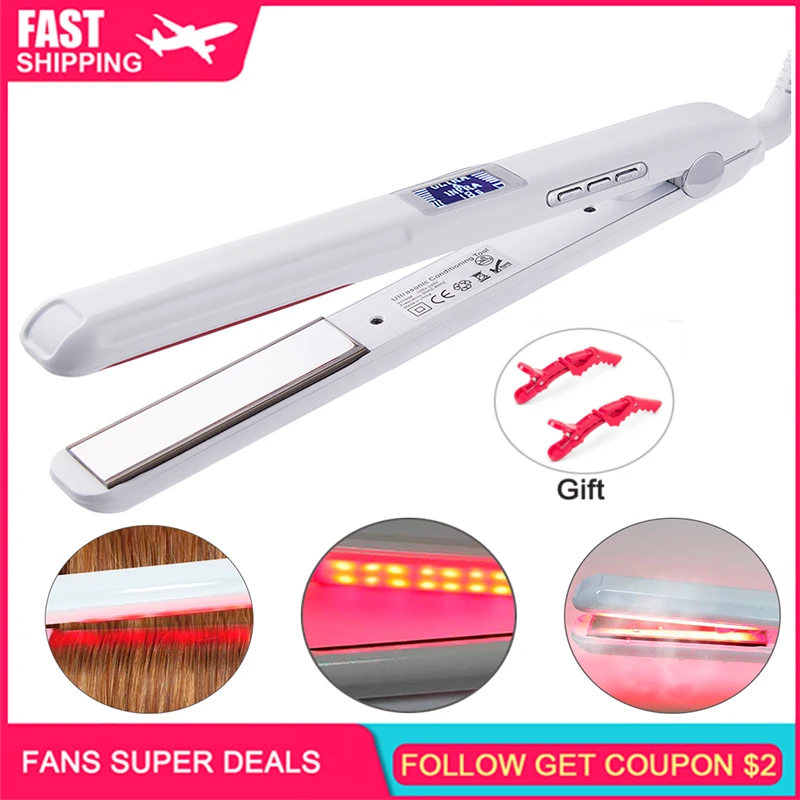 2 in 1 Flat Iron Professional Ceramic Hair Straightening, Ultrasonic ...