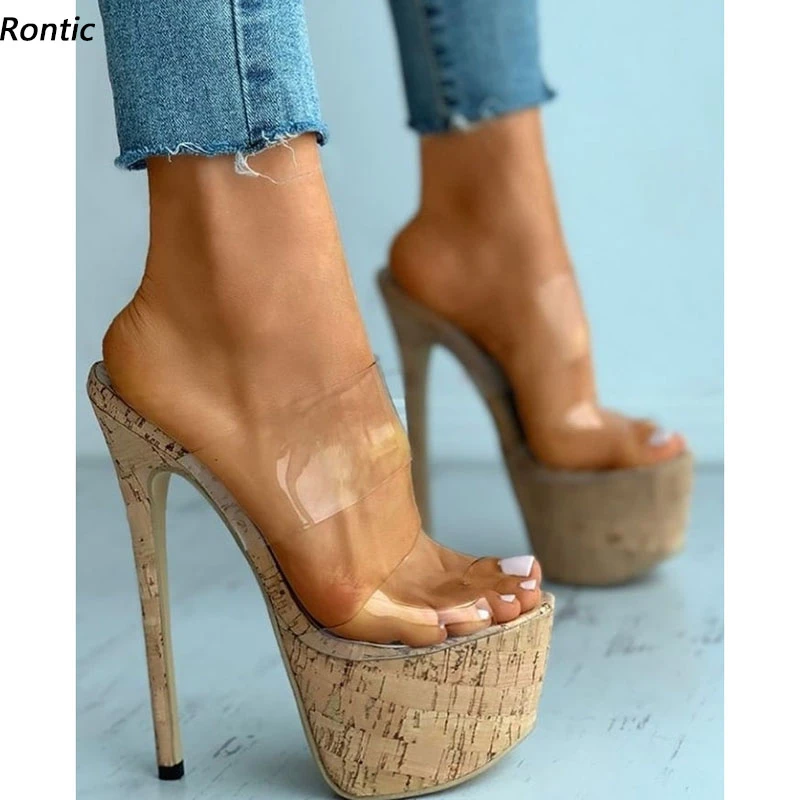 Rontic New Arrival Women Mules Sandals PVC Sexy Stiletto Heels Peep Toe ...