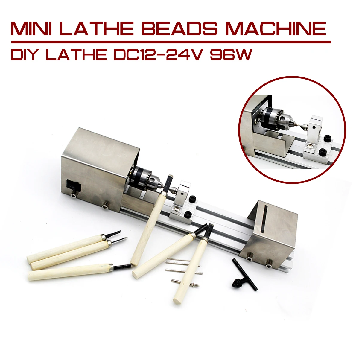 96W-DC12-24V-Stainless-Steel-Case-Mini-Lathe-Beads-Machine-Woodwork-DIY ...