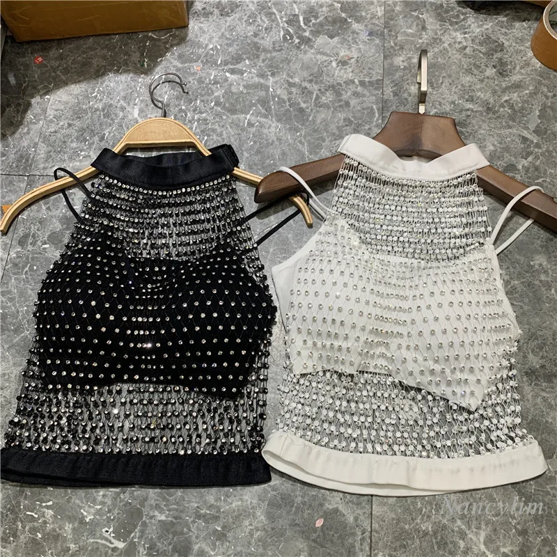 Diamante strass colete camisa feminina sexy sem mangas suspender ...
