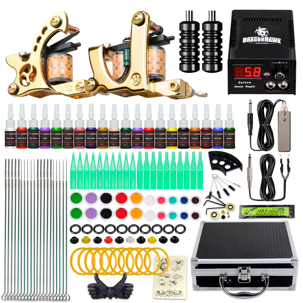 Complete Beginner Tattoo Kit Set 2 Machine Guns 20 Color Inks Mini ...