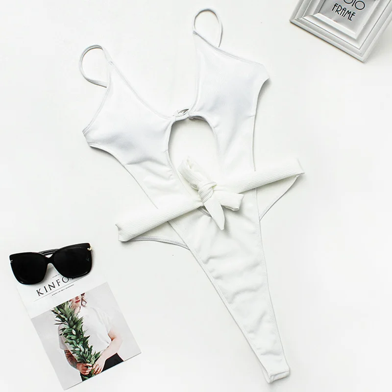 Sexy Cut Out One Piece Swimsuit Solid Swimwear Women High Cut Monokini ...