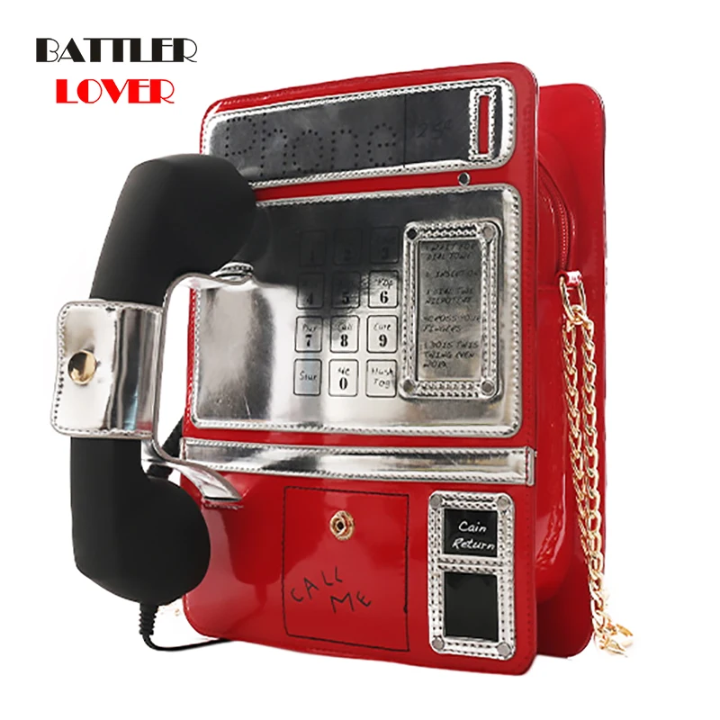 Black & Red Patent Leather Telephone Set Shape Shoulder Bag For Women ...