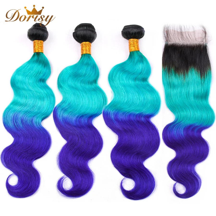 Pre Colored Body Wave Bundles With Closure T1b Green Blue Ombre ...