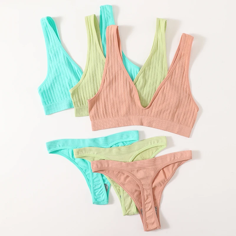 Women Deep V Seamless Bra Set Sexy Thong Low Waist Panties Ribbed Bra ...