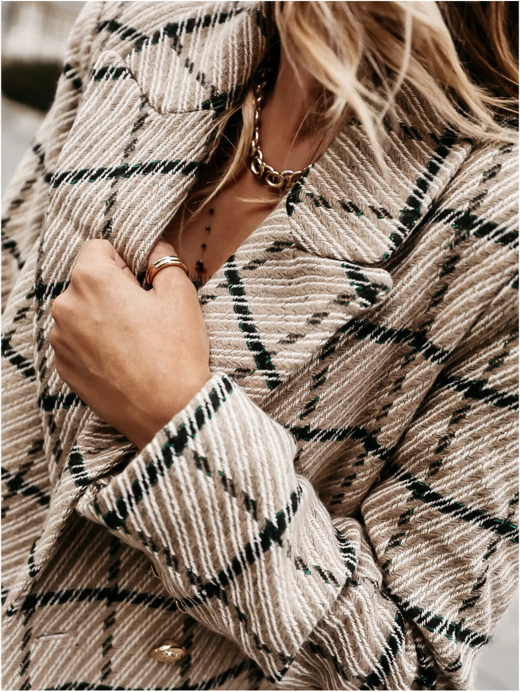 Fashion Vintage Check Print Wool Long Sleeve Double Breasted Coat