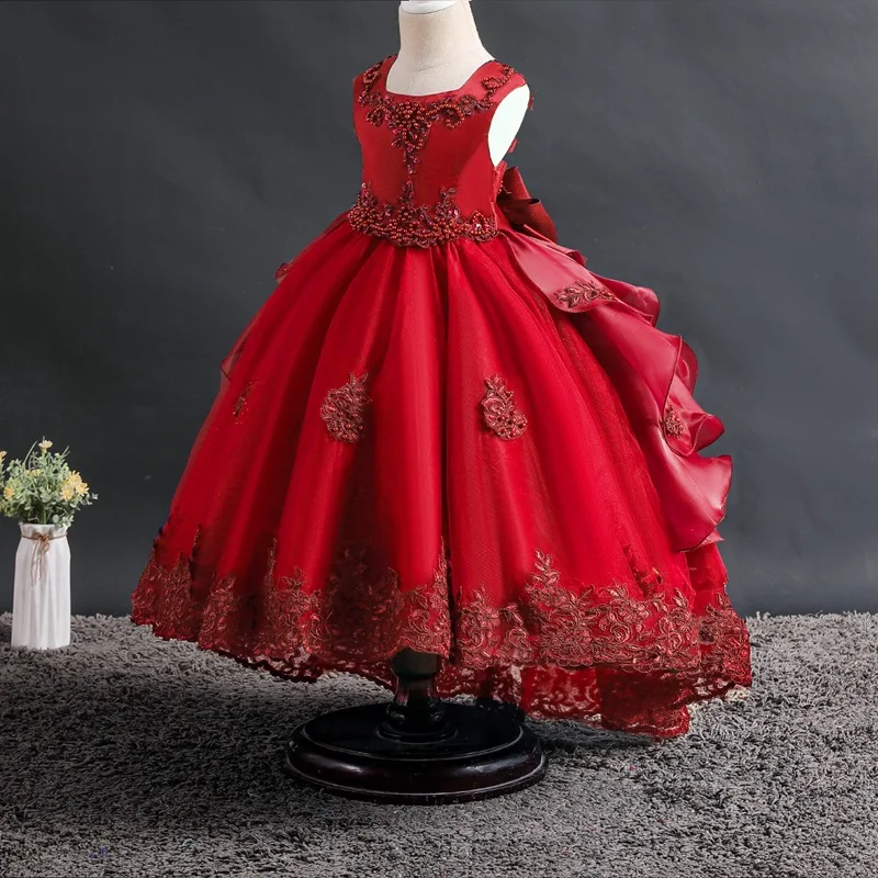 Red Girls Long Flower Party Ball Gown Prom Dresses For Girl Kids ...