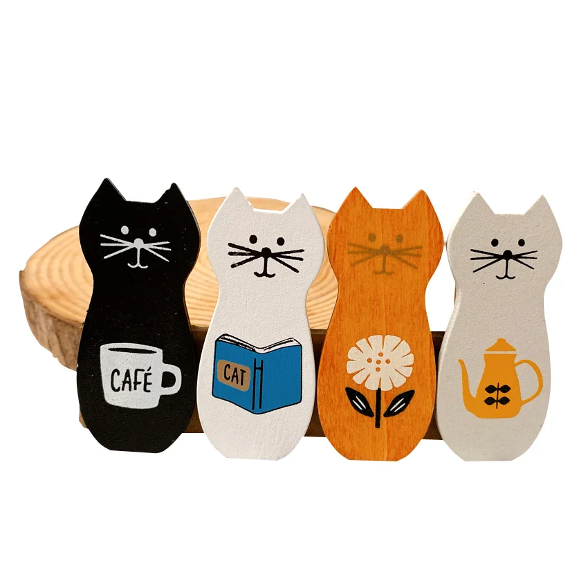 Set of Four Cute Wooden Kitty Clips FREE SHIP USA