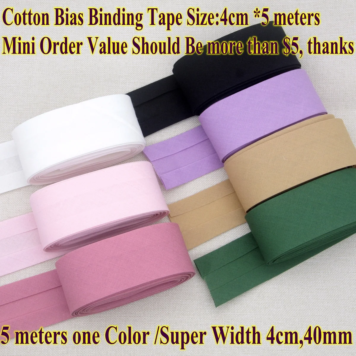 Cotton Bias Binding Tape Size 4cm 40mm 5 meters Super wide Fold Tape ...