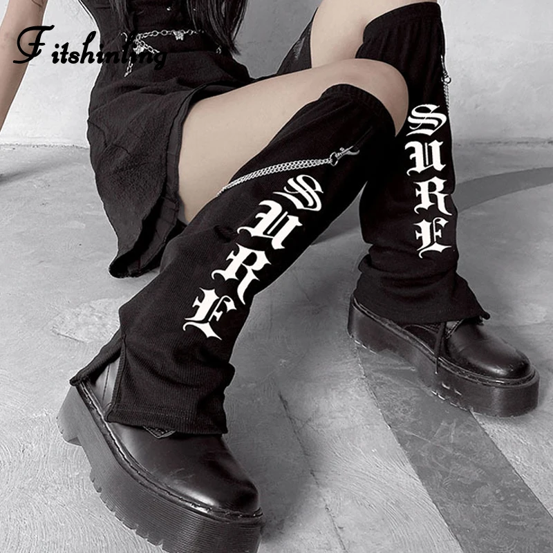 Fitshinling Goth Knee Sleeve Women Letter Print Gothic Chain Punk Dark ...