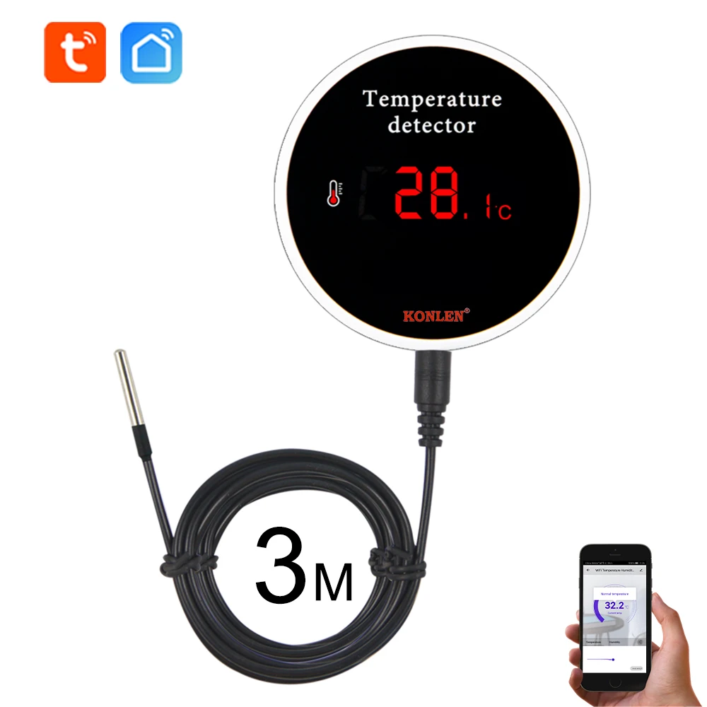 Konlen tuya wi fi sensor de temperatura 3m fio sonda digital smartlife ...