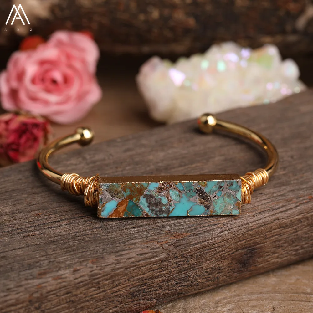Natural-Turquoises-Stone-Rectangle-Slab-Beads-Open-Cuff-Bangle-Bracelet ...