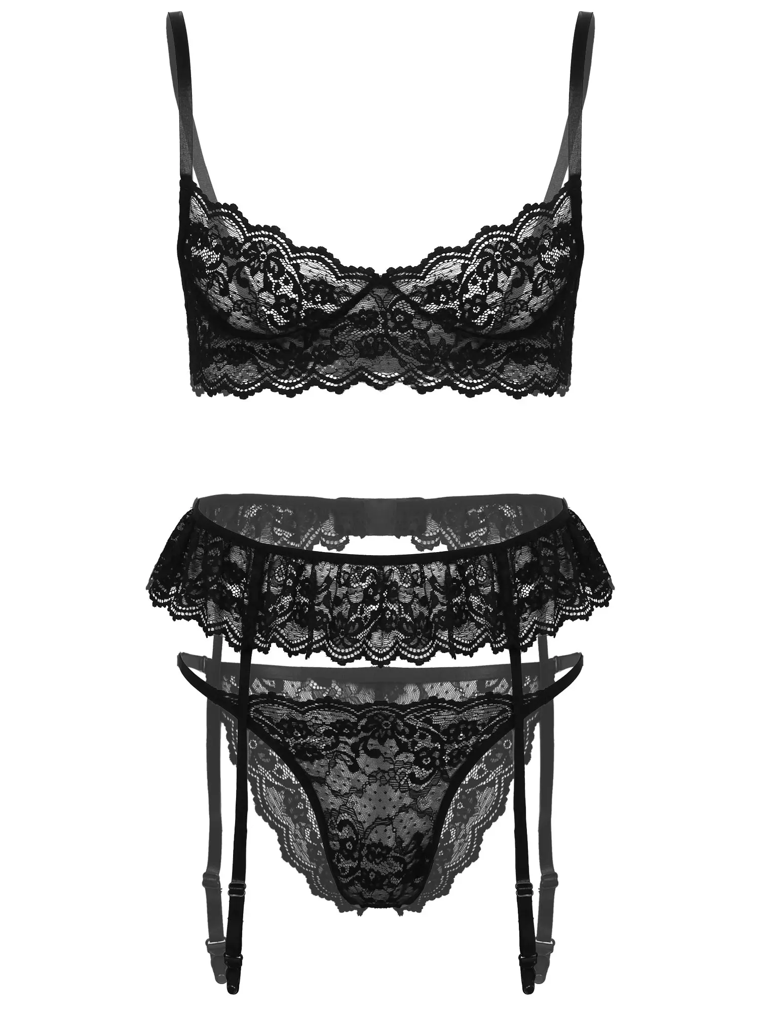 남자 시시 속옷 Nightwear 시스루 꽃 레이스 란제리 끈 팬티 가터 벨트와 Unlined 브래지어 세트 란제리 세트