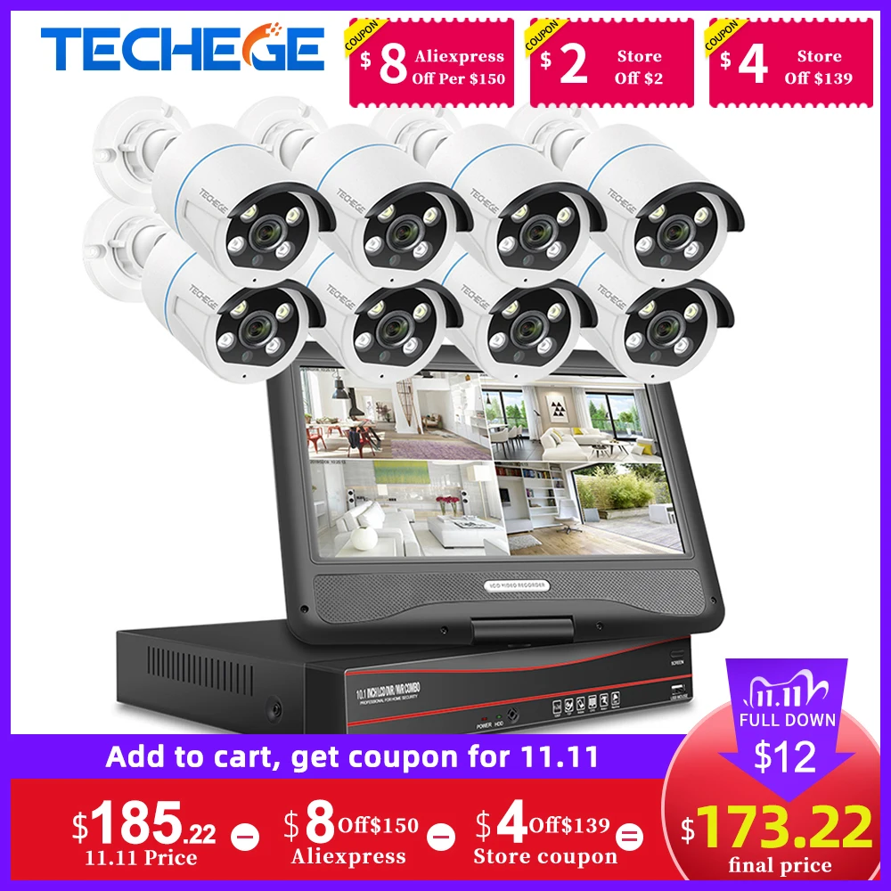 Techege 8CH 1080P 12"LCD Display POE NVR KIT HD 2MP IP Camera Two way ...