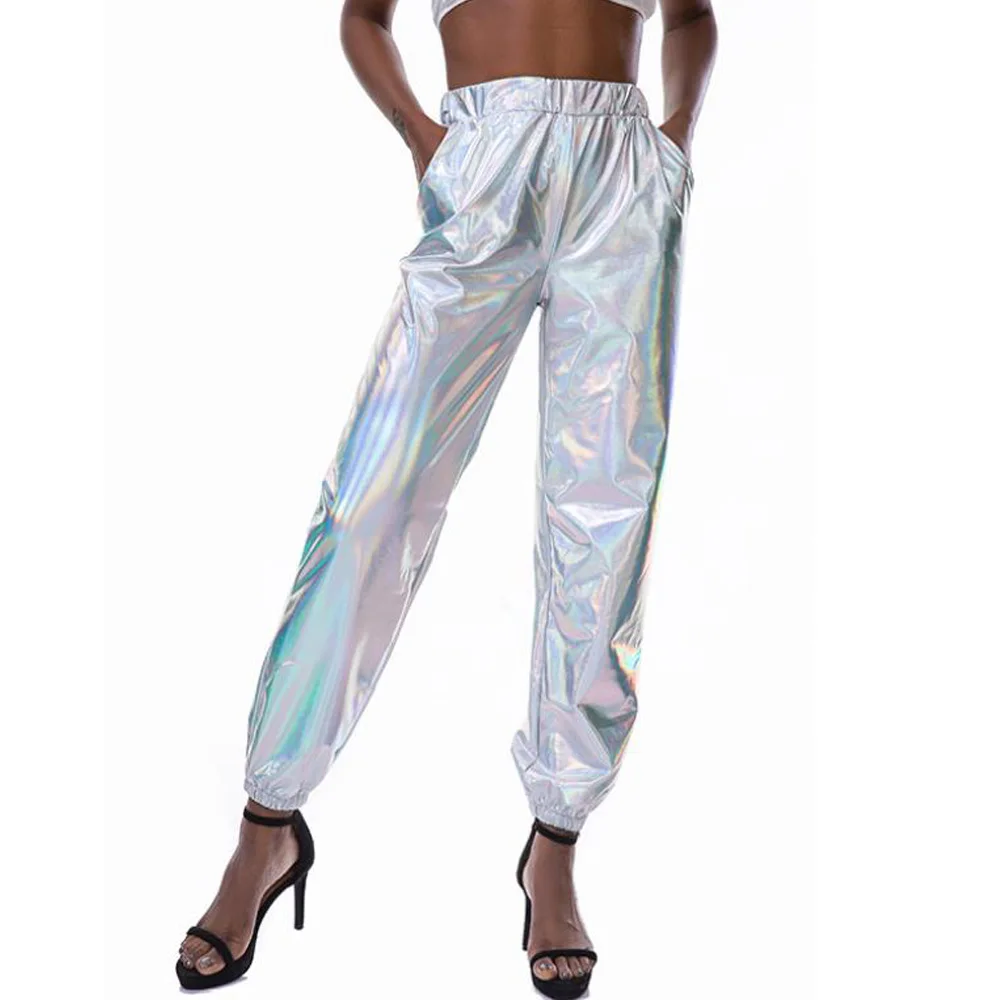 Women Shiny Silver Pants High Waist Baggy Pants Grunge Sweatpants Hip ...