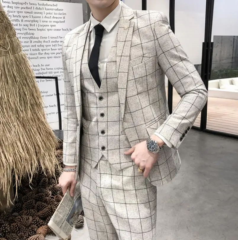 2021 웨딩 남자 정장 세트 3 조각 영국 베이지 격자 무늬 망 정장 슬림 피트 트위드 남성 턱시도 캐주얼 블레이저 자켓