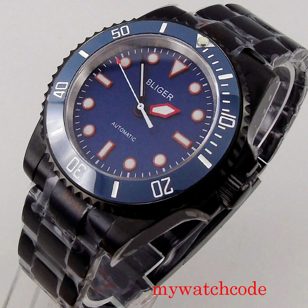 Bliger 40mm Black Pvd Plated Blue Dial Sapphire Crystal Miyota 8215 ...