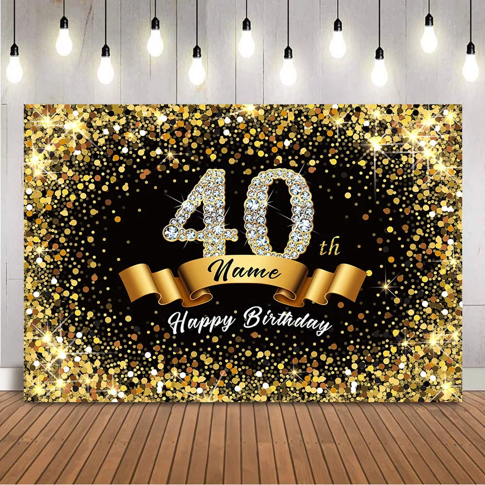 40th Birthday Name Diy Happy Birthday Backdrop Gold Glitter Birthday ...