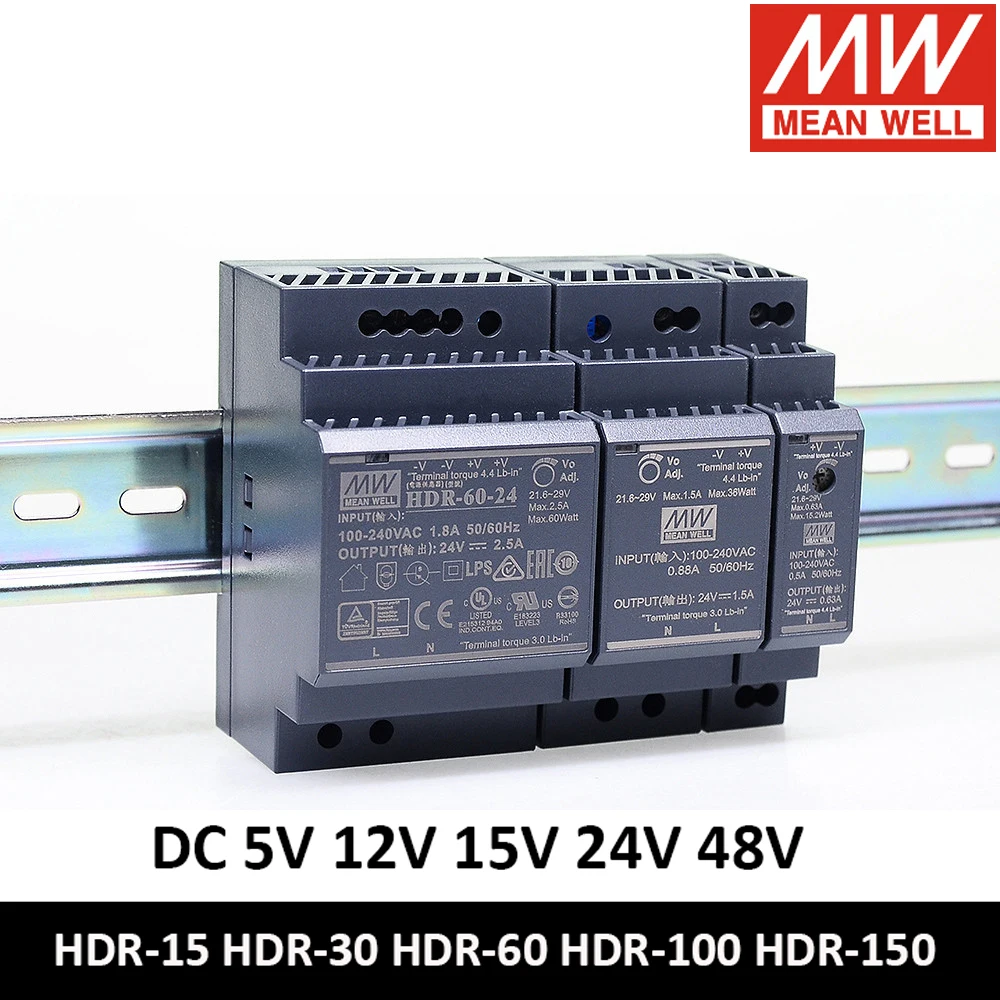 Mean Well Din Rail Voeding 5V 12V 15V 24V 48V HDR 15 HDR 30 HDR 60 HDR 100 HDR 150 Meanwell Slim ...