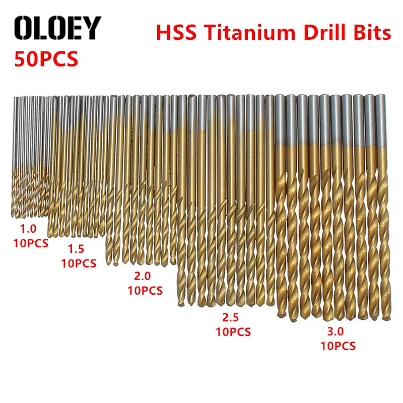 50PCS-1mm-1-5mm-2mm-2-5mm-3mm-HSS-Titanium-Coated-Twist-Drill-Bits-High ...
