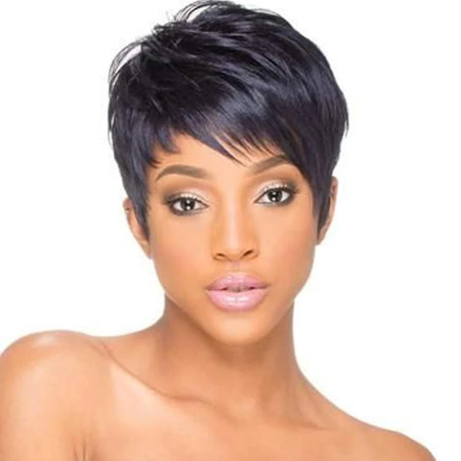 Natural Black Synthetic Short Wig for Women Pixie Cut Square Wigs with ...