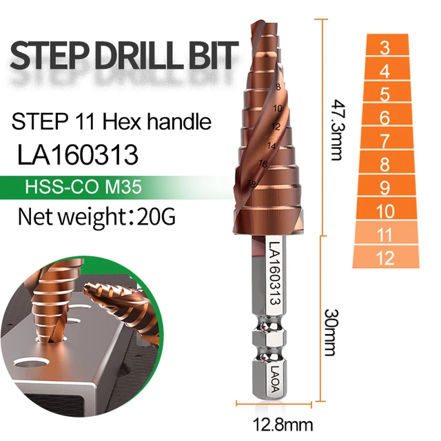 LAOA Pagoda Drill Bit 3-13mm 4-22mm 4-32mm Hole Opener HSS-CO M35 Hex Triangle Spiral Grooved ...