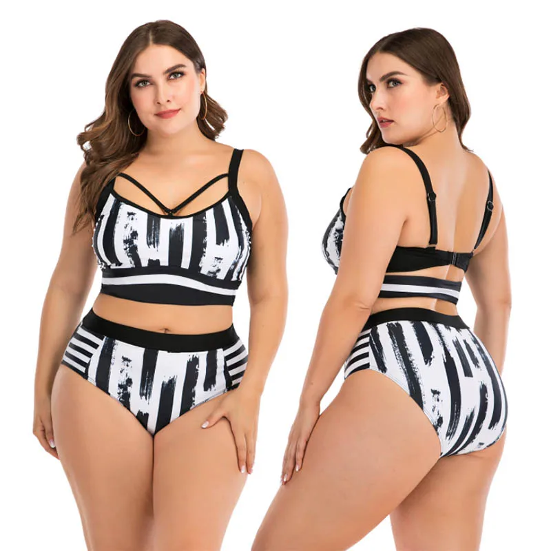 Sebowel Plus Size Bikinis Women Black White Stripe Printed Sexy Cross
