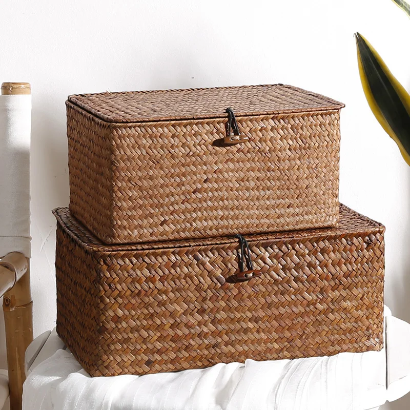 Handmade Straw Storage Basket Desktop Debris Covered Rattan Storage Box ...