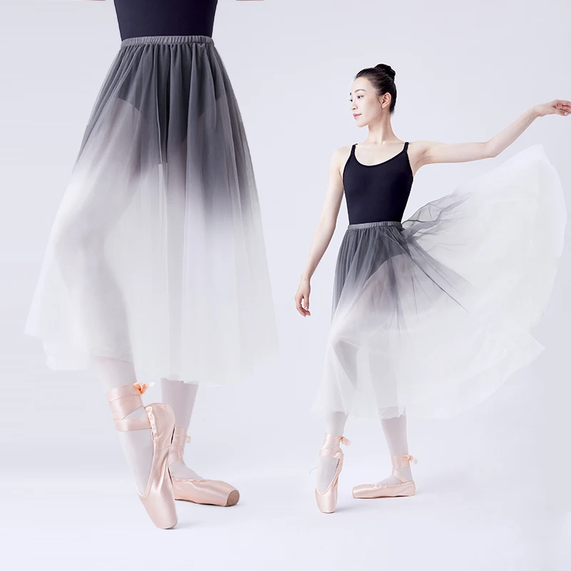 Saia de balé feminina cinza, saia longa de chiffon com gradiente macio ...