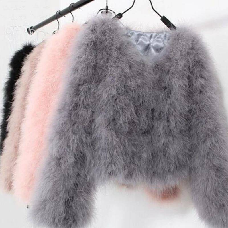 Sexy Ostrich Wool Turkey Real Fur Women Black Coat Genuine Feather ...