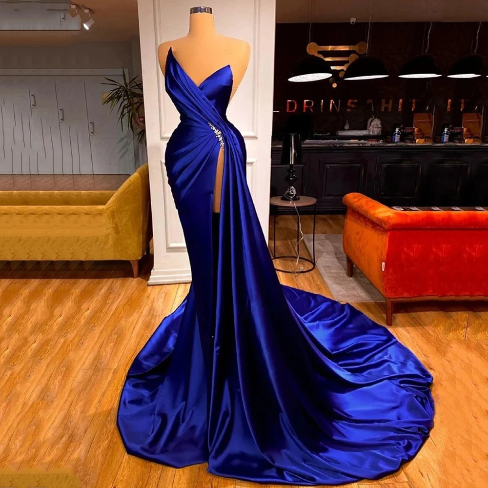 Royal Blue Evening Dress Sexy V Neck Sleeveless Beading Pleat High Slit ...