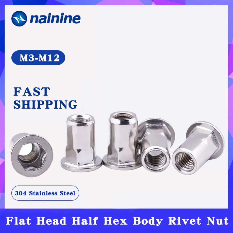 [m3 M4 M5 M6 M8 M10 M12] 304 Stainless Steel Rivnut Flat Head Half Hex ...