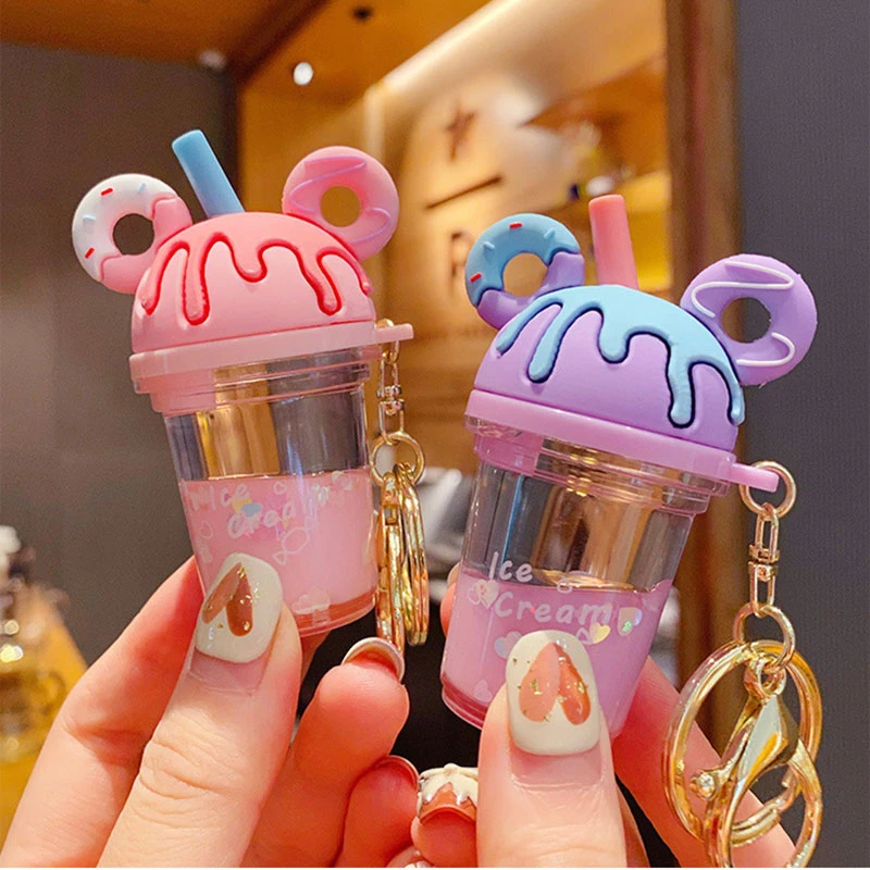Cartoon Mickey Head Keychain Cute Donut Milk Tea Cup Liquid Quicksand ...