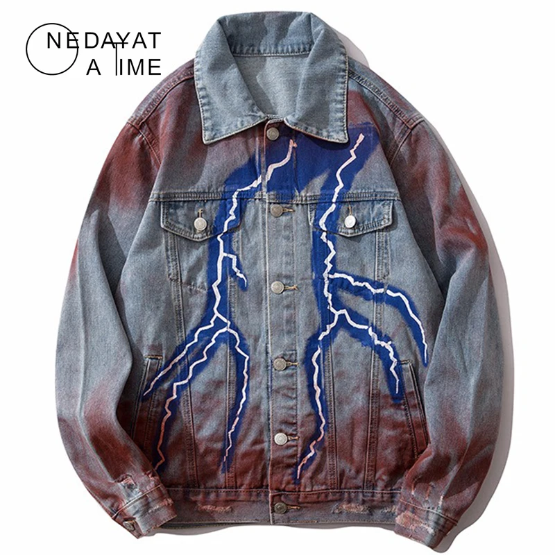New Korean Lightning Graffiti Print Jean Jacket Men Hip Hop Streetwear ...