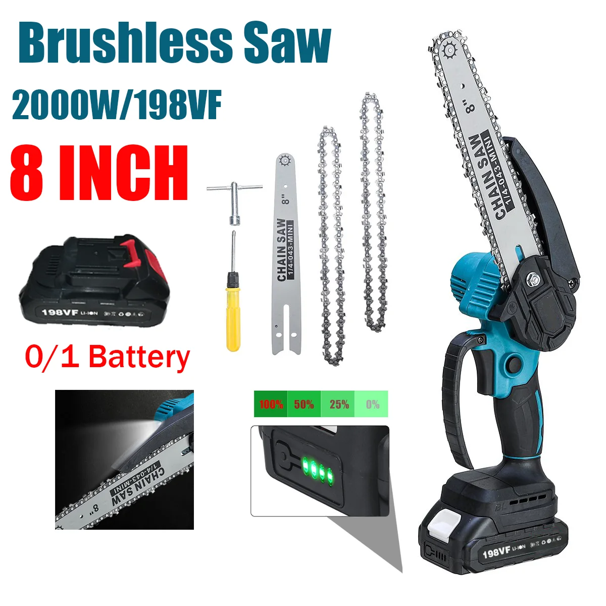 8 Inch Electric Chainsaw Extra Chain 198vf Brushless Rechargeable ...
