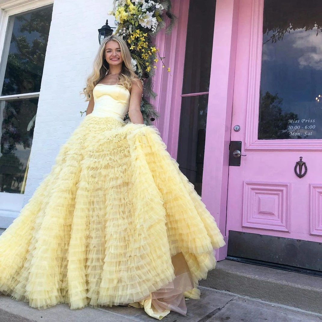 High Quality Bright Yellow Party Gown Strapless Sleeveless High Waist ...