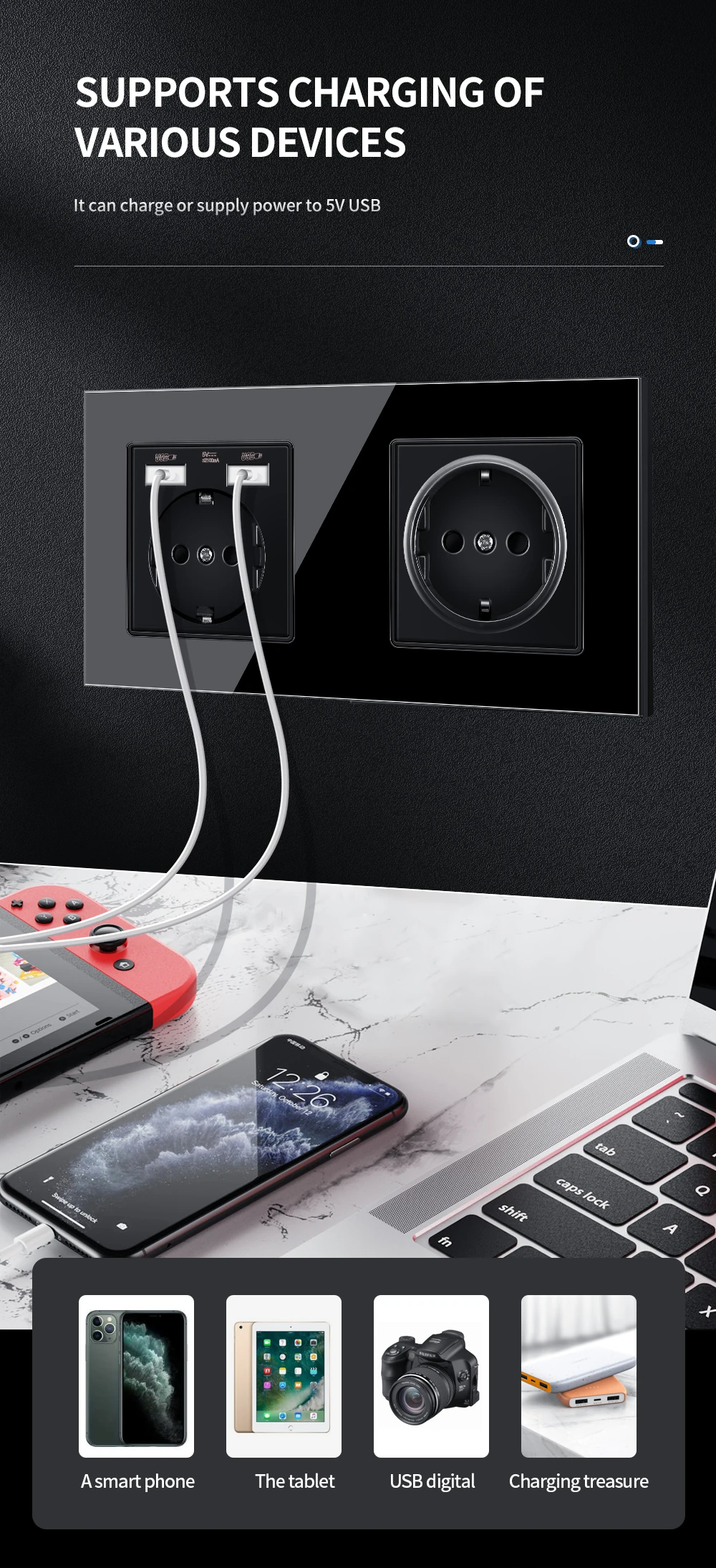 Prise électrique murale en verre de cristal,Standard ue,16a,172-258-344-430x86mm,avec port Usb ...