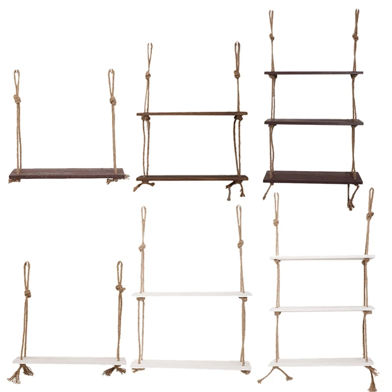 Wooden Hanging Shelf Swing Rope Floating Shelves Jute Rope Wall Display ...
