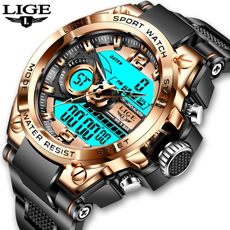 LIGE Reloj Digital de pulsera para Hombre, accesorio de pulsera ...