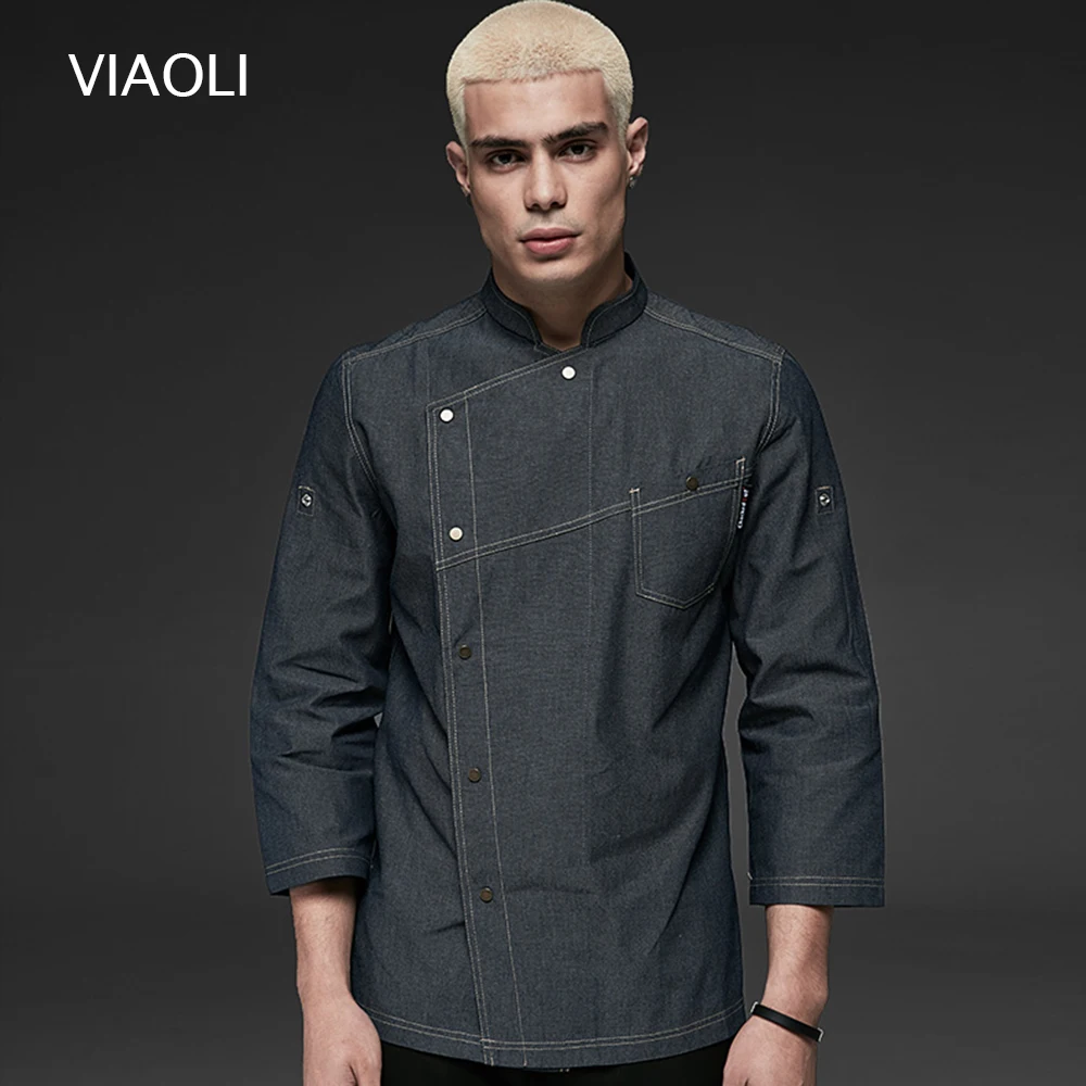 VIAOLI-Denim-Fabric-Chef-Jackets-Restaurant-Uniforms-Shirts-Long ...