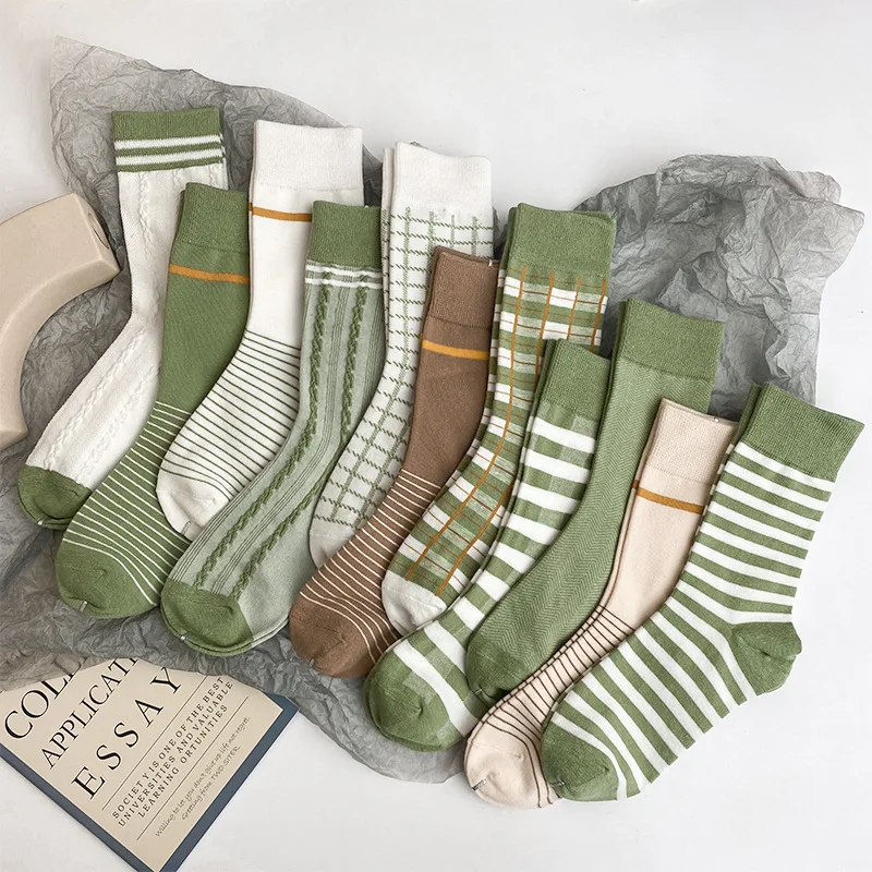 Hot Avocado Green Womens Cotton Socks Vintage Stripe Lattice Matcha ...