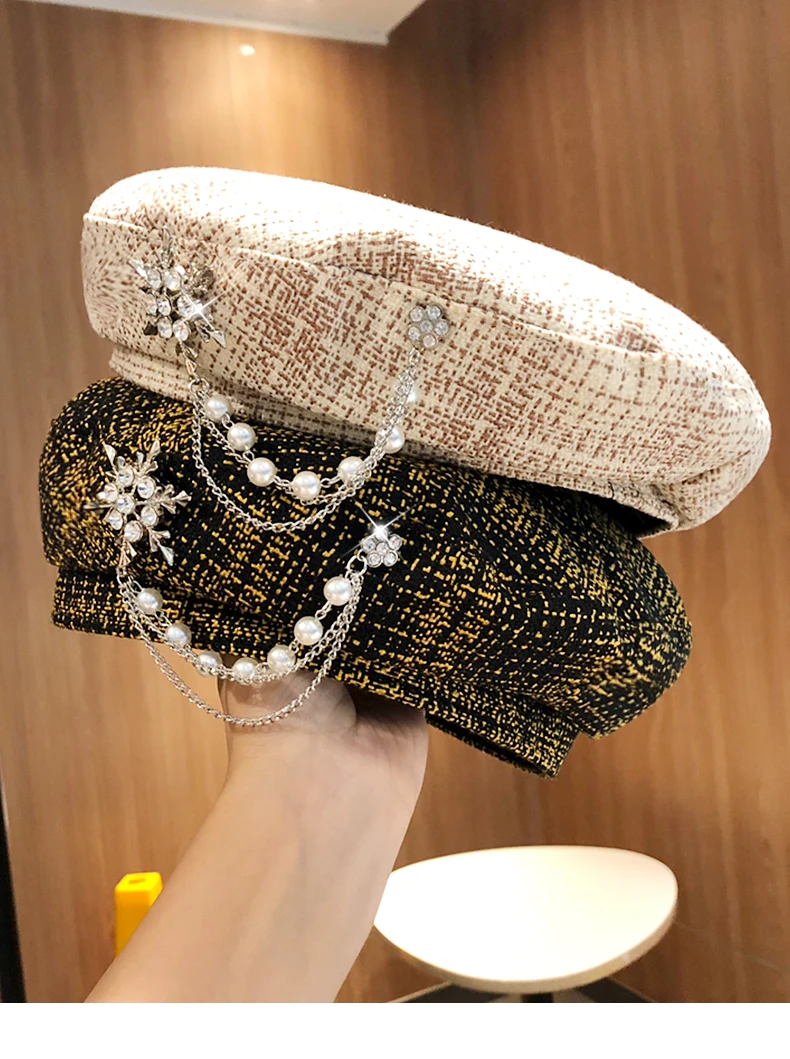 Fashion Luxury Diamond Decoration Beret Hat for Women French Designer ...
