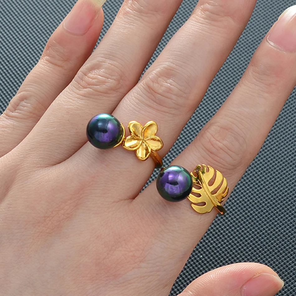 Anniyo Hawaiian Ring Black Pearl Ring Frangipan Flower Monstera Leaf ...
